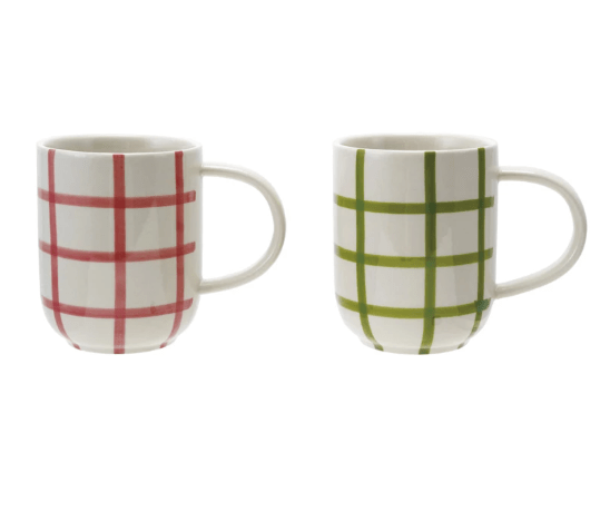 Hand-Painted Grid Pattern Stoneware Mugs – 10 oz Everyday Coffee Cups