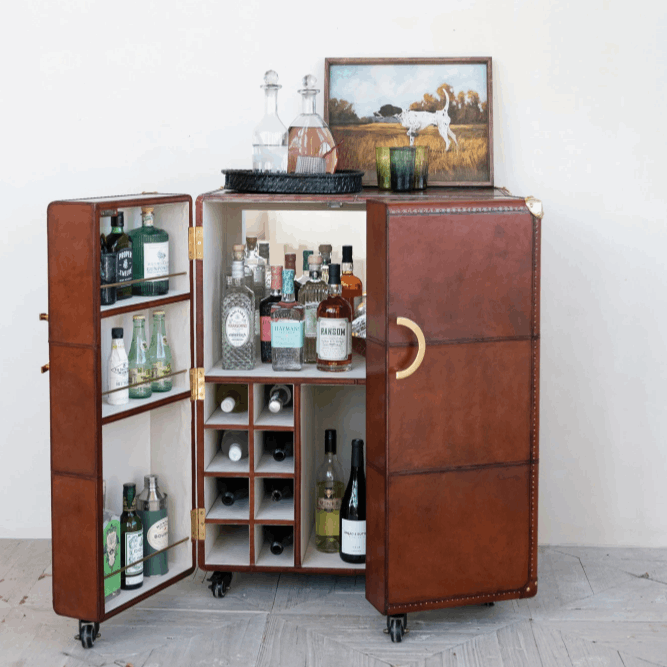 Unique Leather Bar Cabinet with Flocked Interior & Brass Hardware