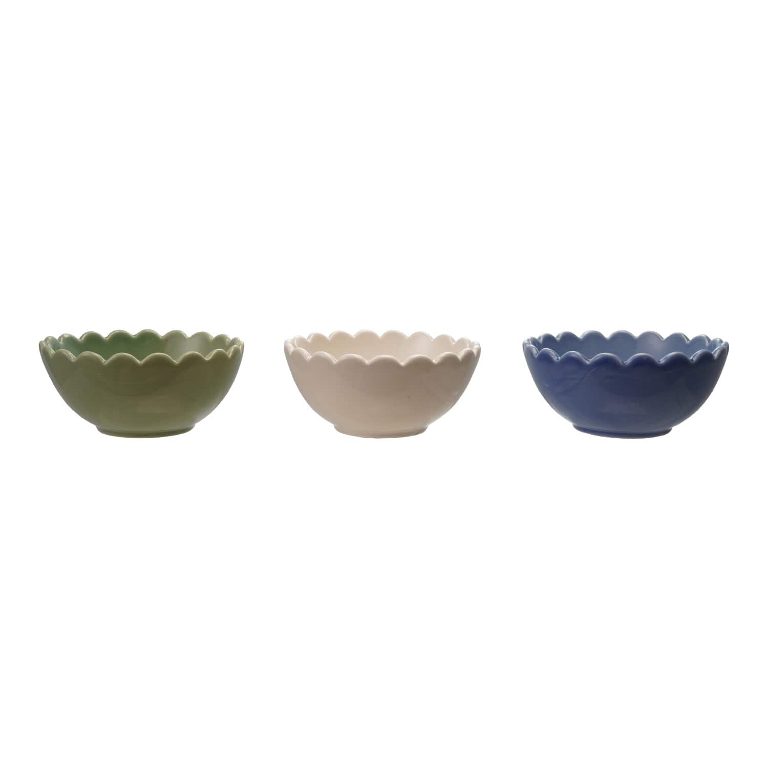 Scallop Stoneware Bowls – Set of 3 | Blue, Green & White